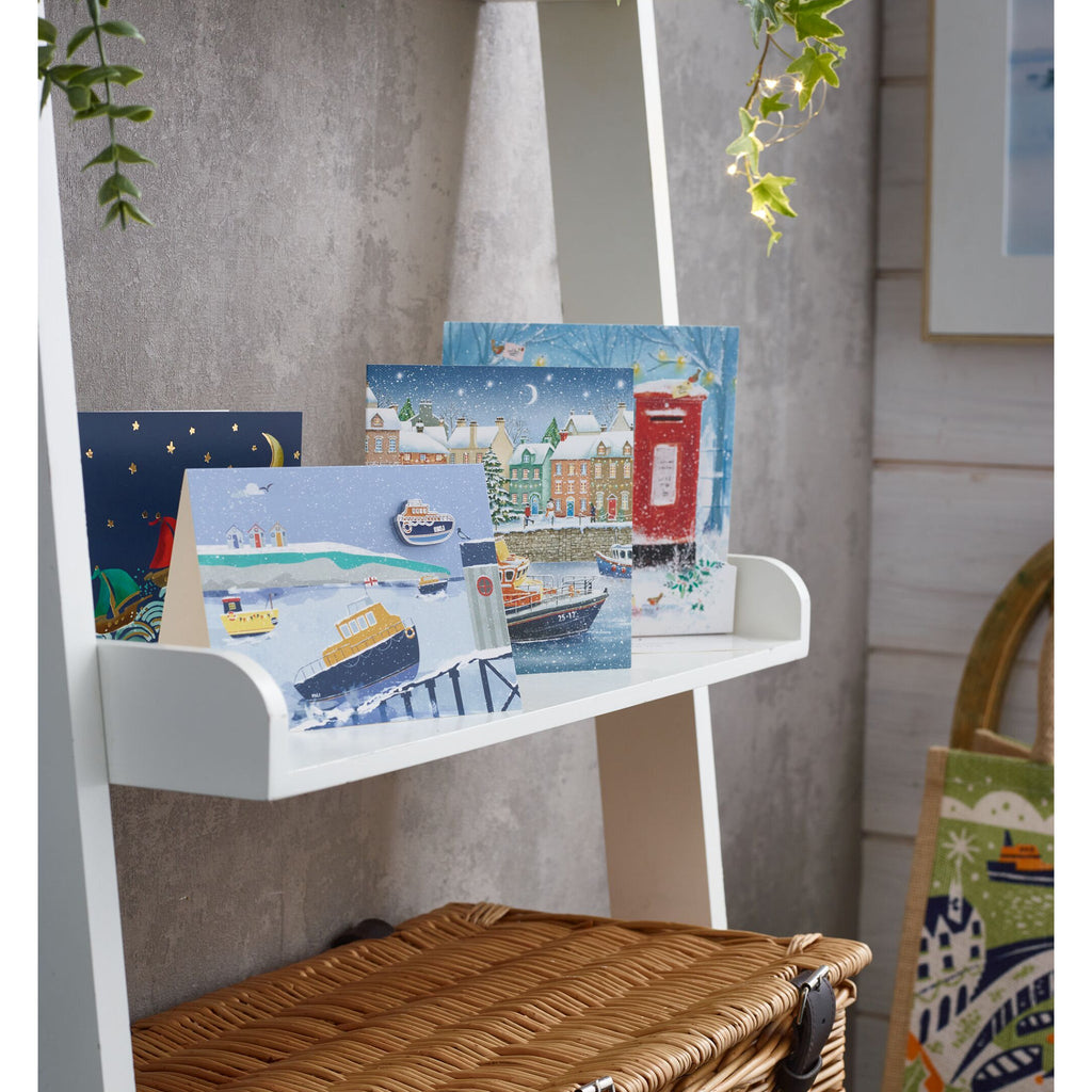 Snowy Lifeboat Pin Badge Christmas Card, Pack of 8 | RNLI Shop