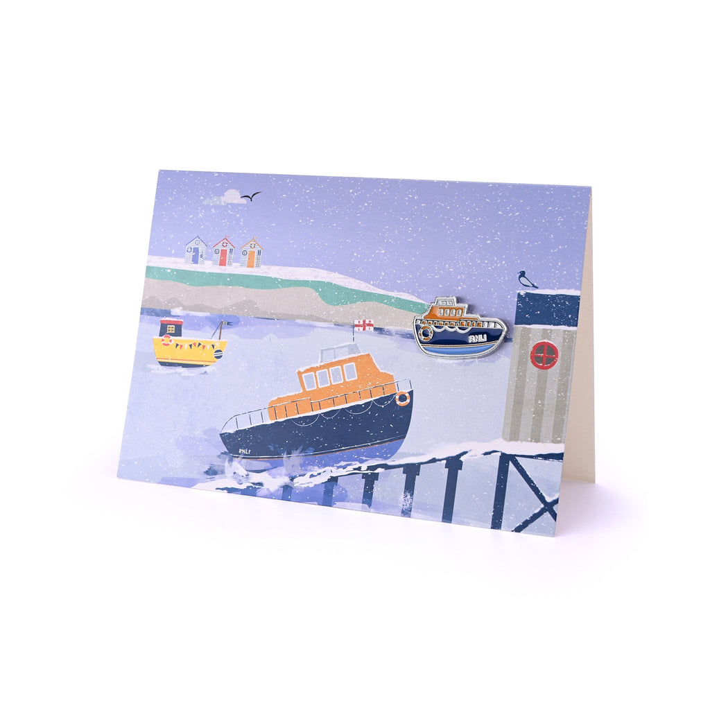 Snowy Lifeboat Pin Badge Christmas Card, Pack of 8 | RNLI Shop